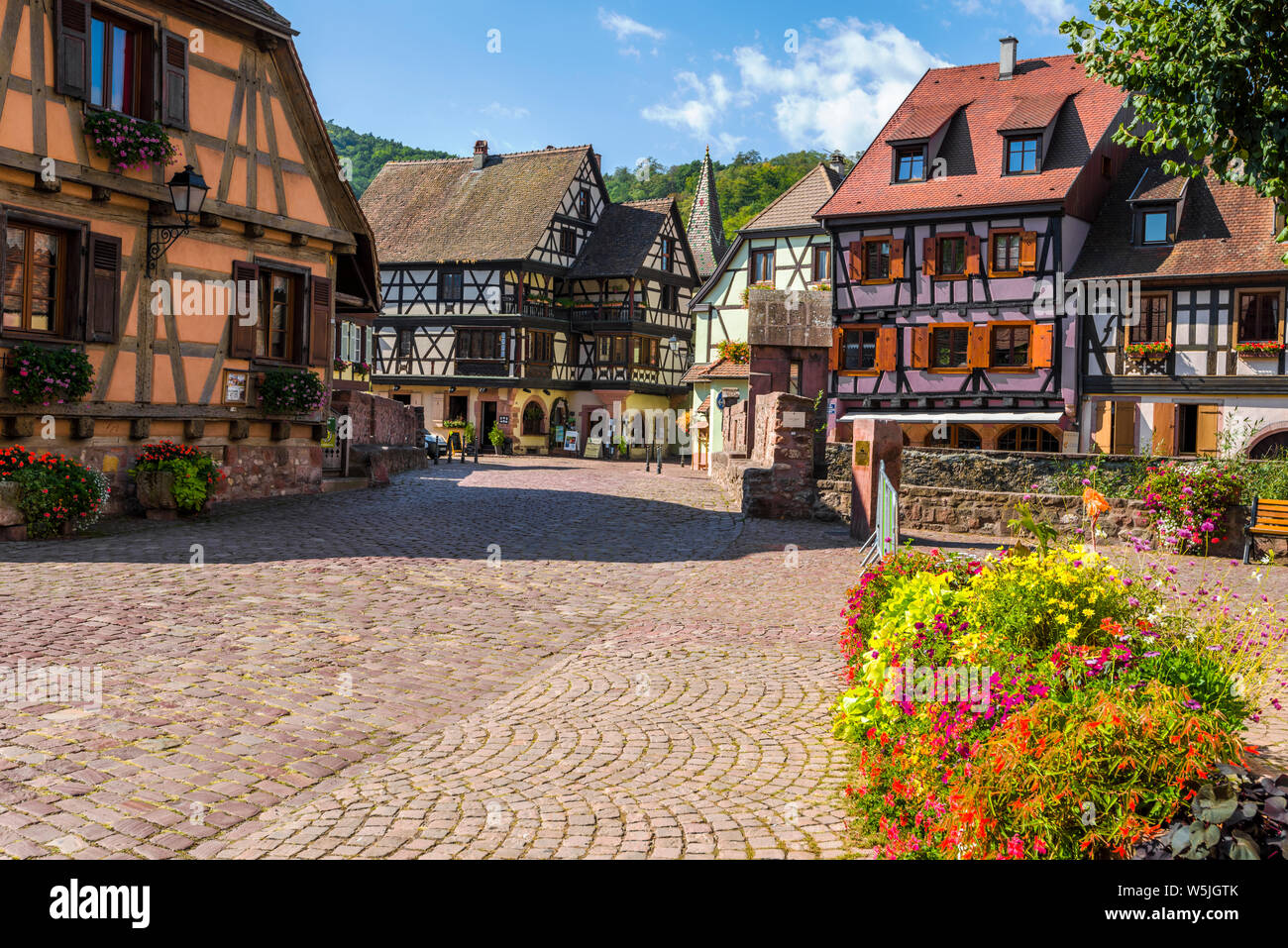 scenic corner in the center of Kaysersberg, Alsace, France, old town ...