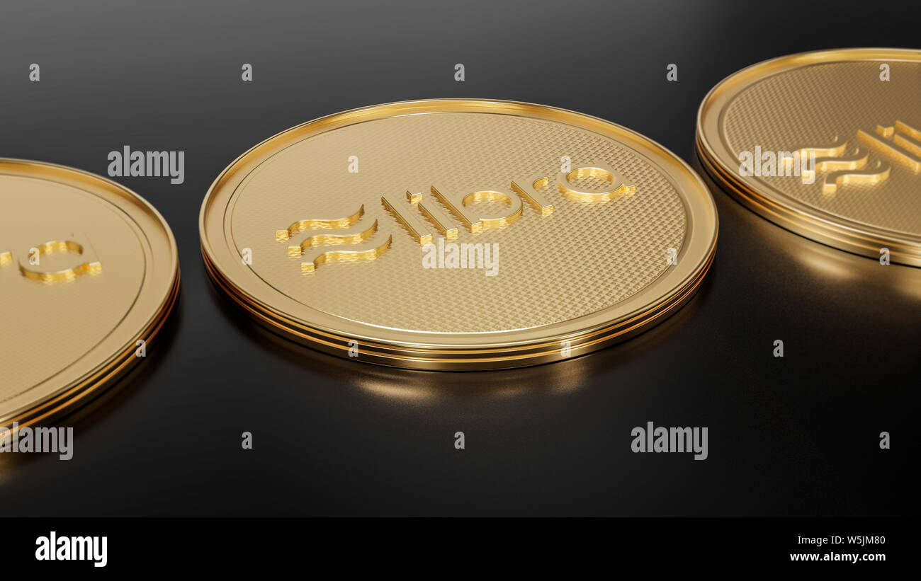 Concept of golden Libra coins with logo on front placed on black ...