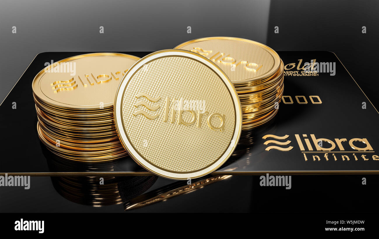 View of Libra black credit card GOLD and golden Libra coins placed on a ...