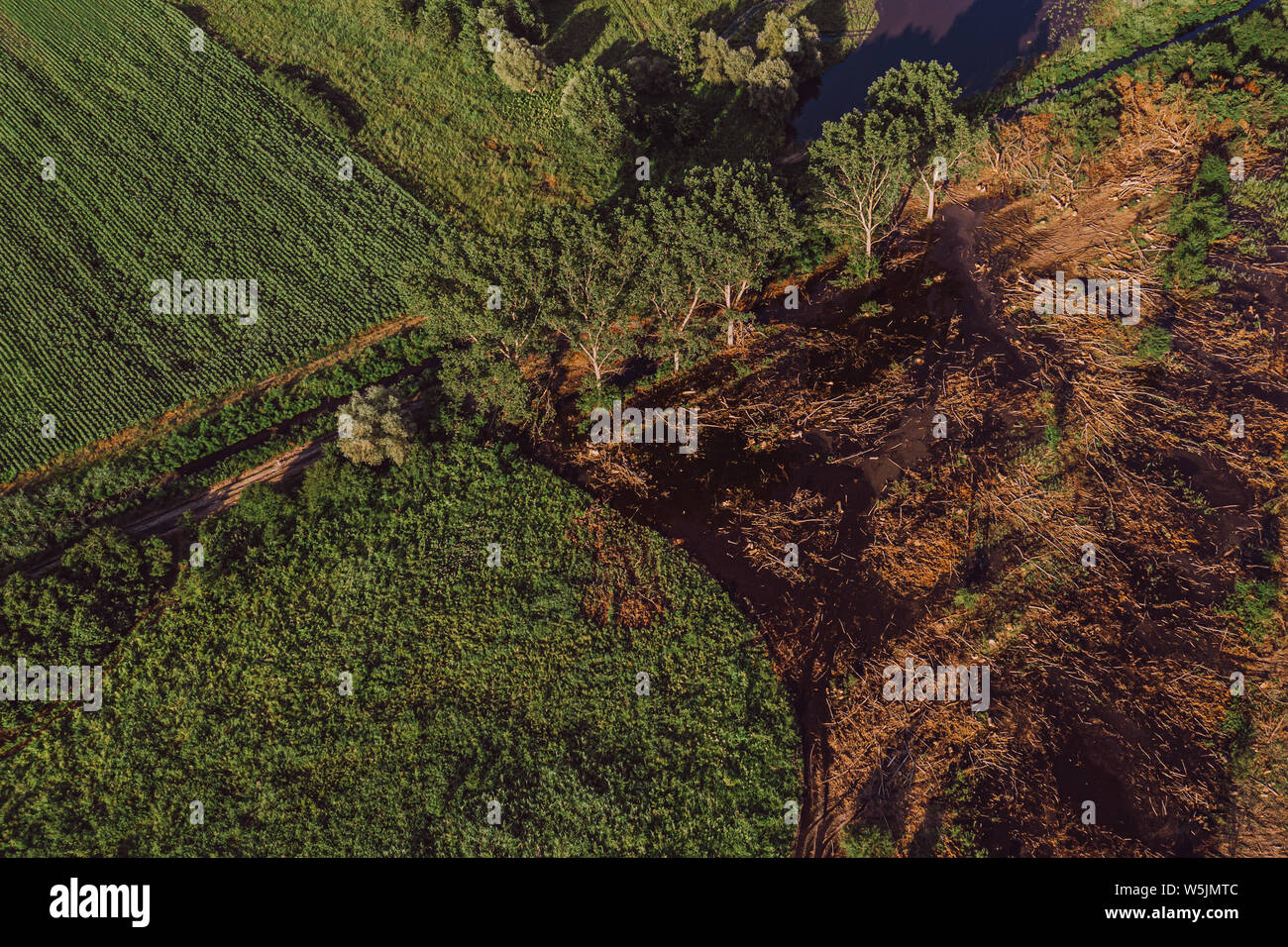 Aerial view of flooded countryside landscape from drone pov in summer ...