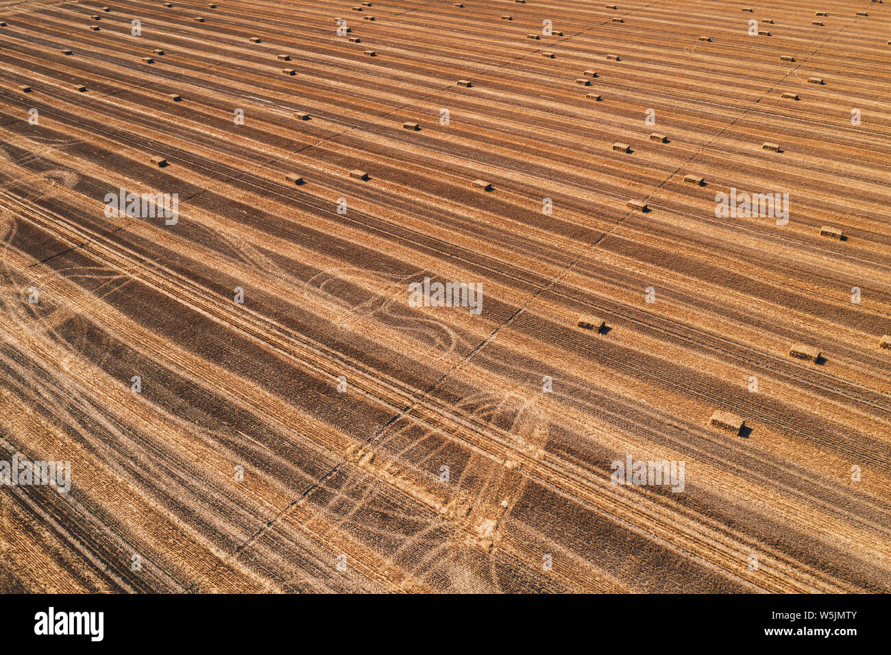 Aerial view of square hay bales in field after wheat crops harvest from ...