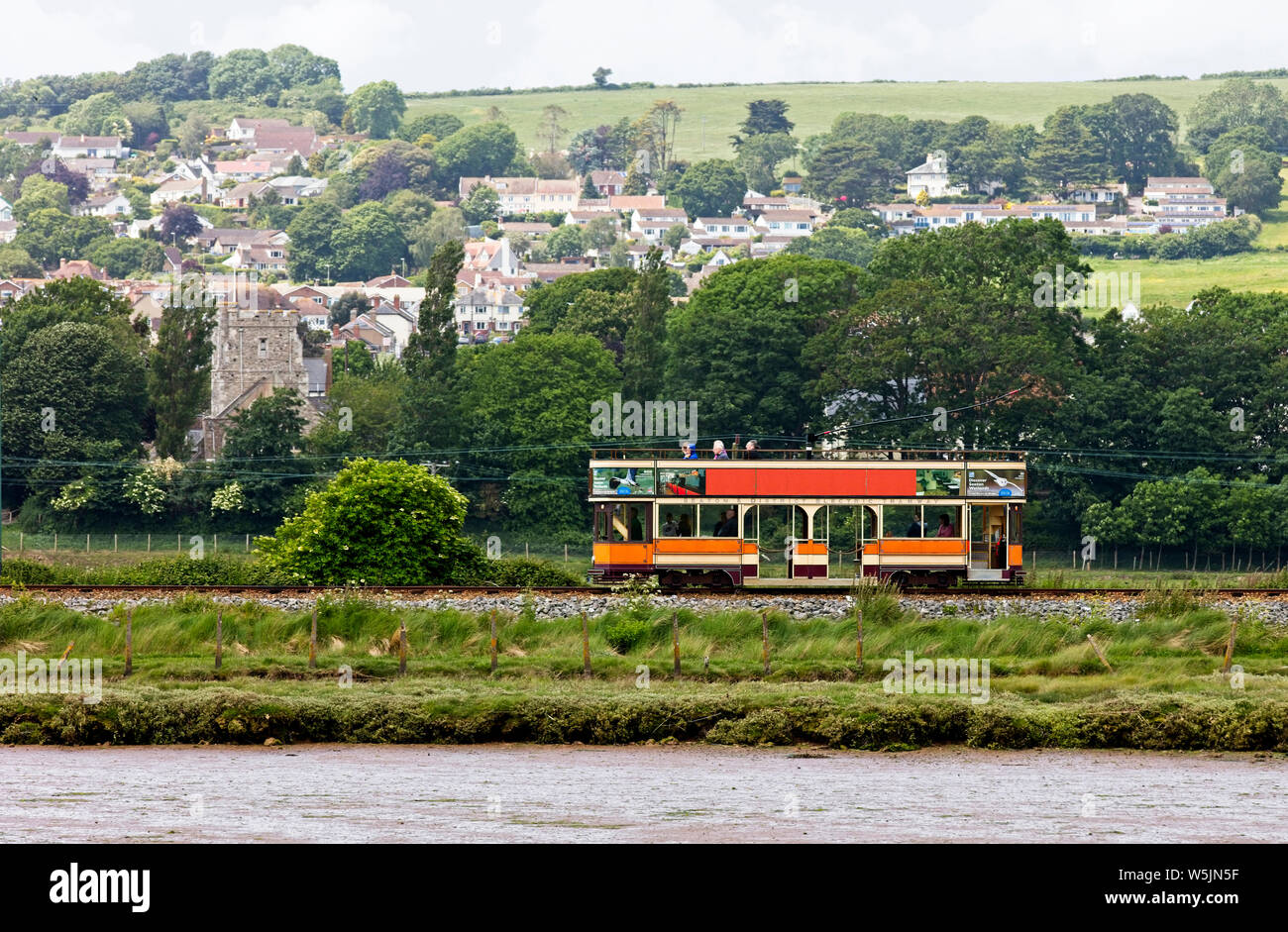 The Seaton Tramway alongside the Axe Estuary, Devon, England, UK Stock ...