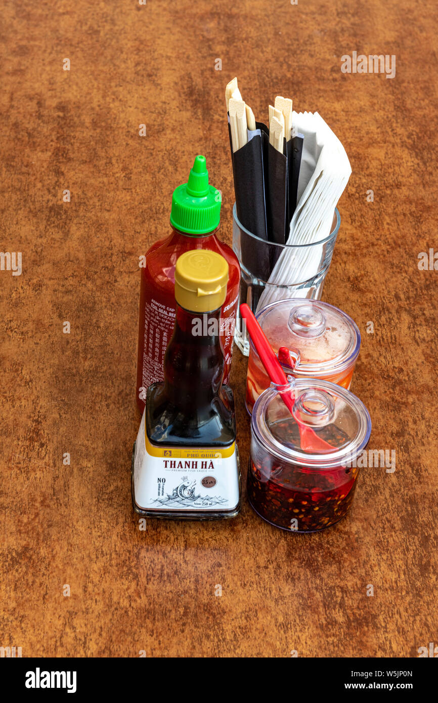 Vietnamese restaurant condiments Stock Photo - Alamy