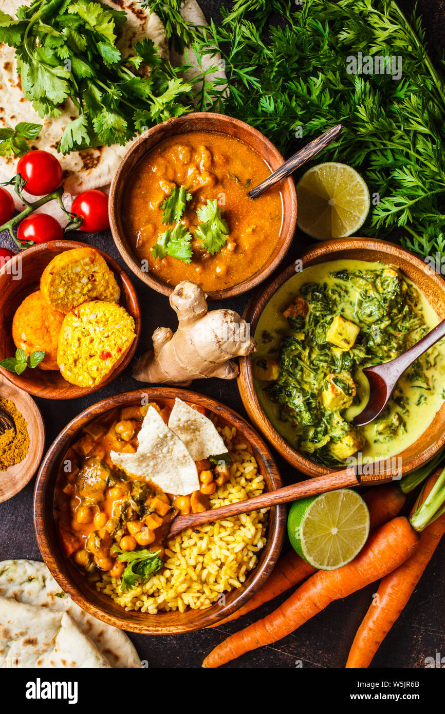 Food traditional Indian cuisine. Dal, palak paneer, cheese balls, curry ...