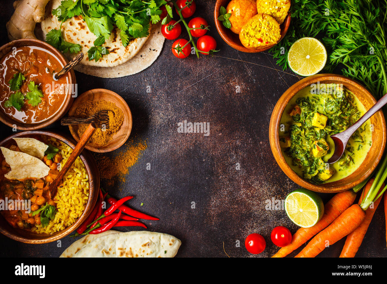 Food traditional Indian cuisine. Dal, palak paneer, cheese balls, curry ...
