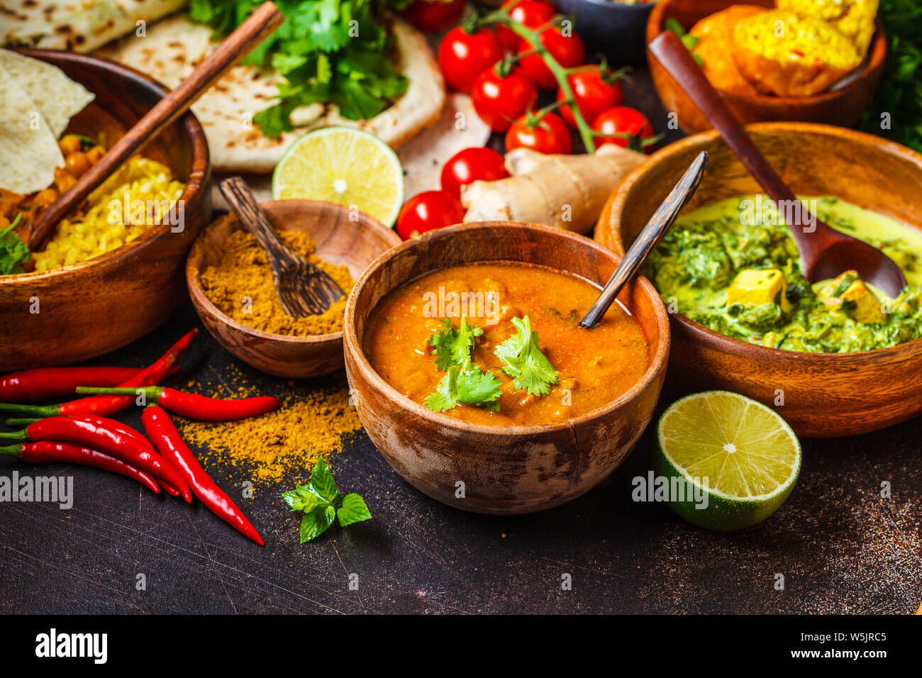 Food traditional Indian cuisine. Dal, palak paneer, cheese balls, curry ...