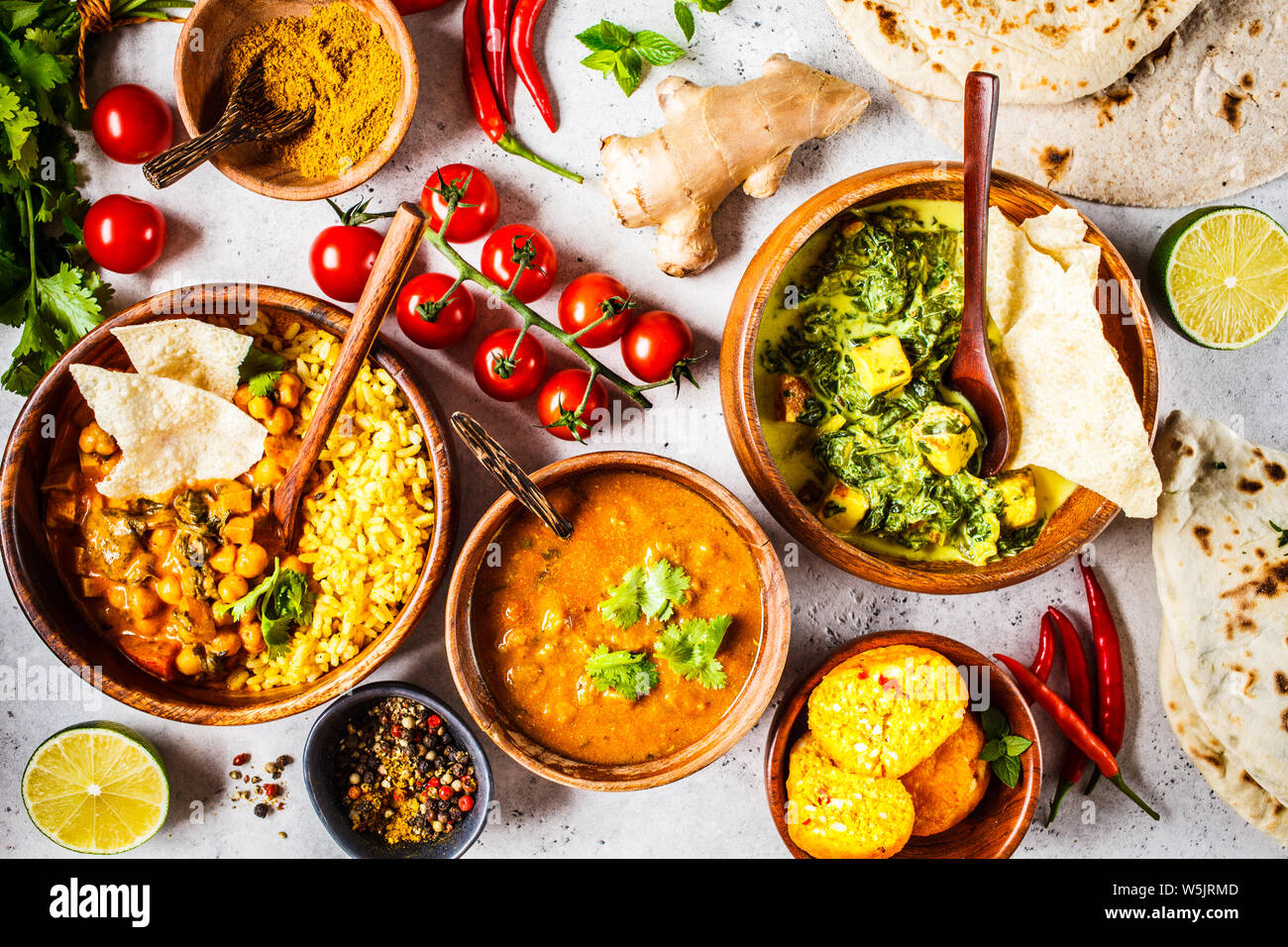 Food traditional Indian cuisine. Dal, palak paneer, cheese balls, curry ...
