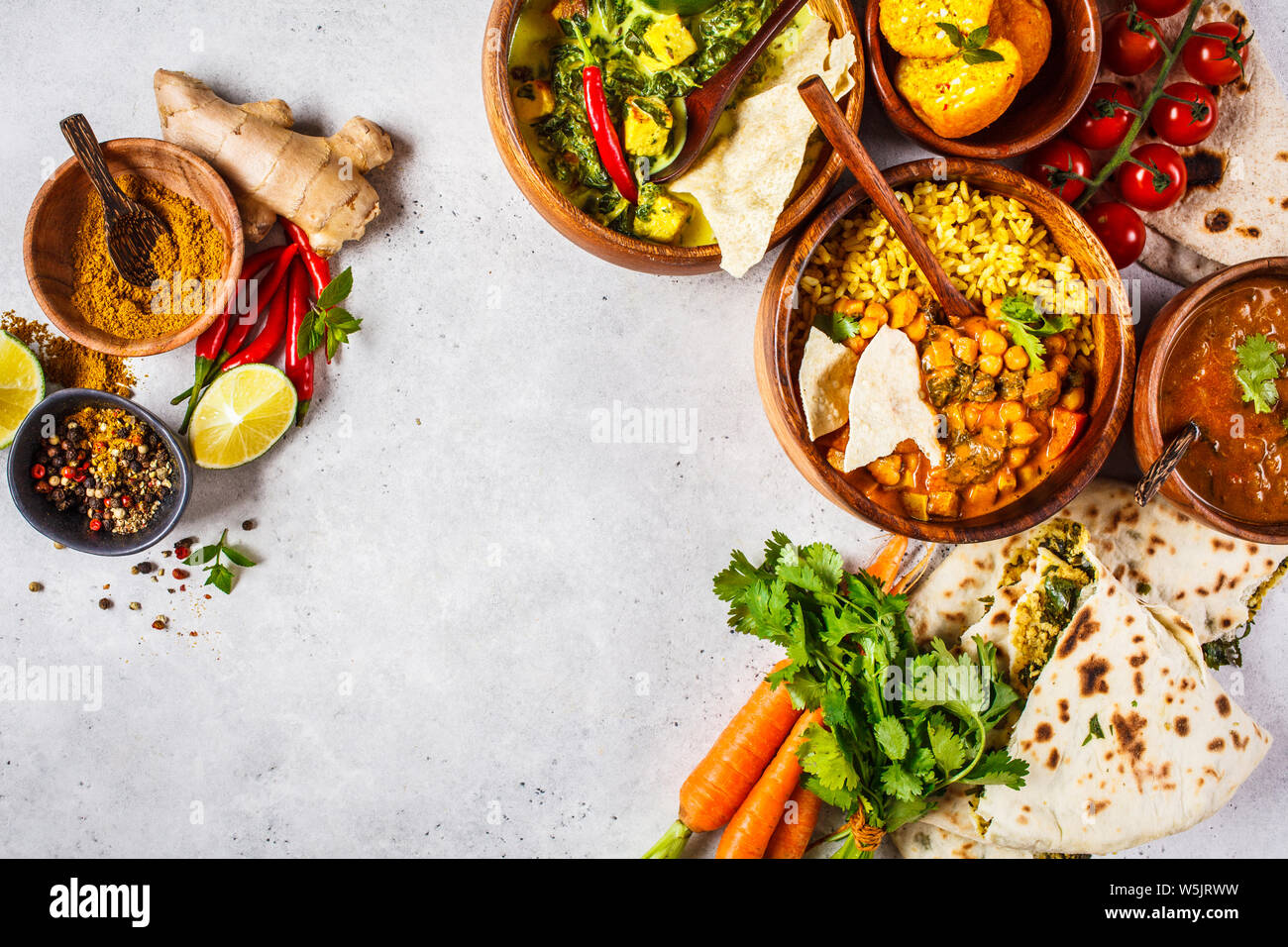 Food traditional Indian cuisine. Dal, palak paneer, cheese balls, curry ...