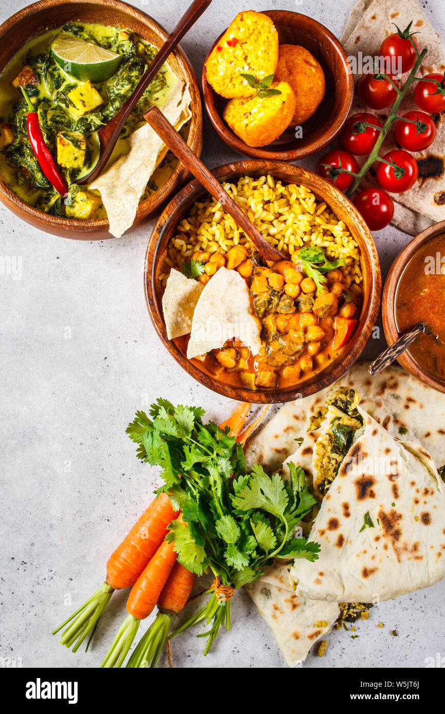 Food traditional Indian cuisine. Dal, palak paneer, cheese balls, curry ...