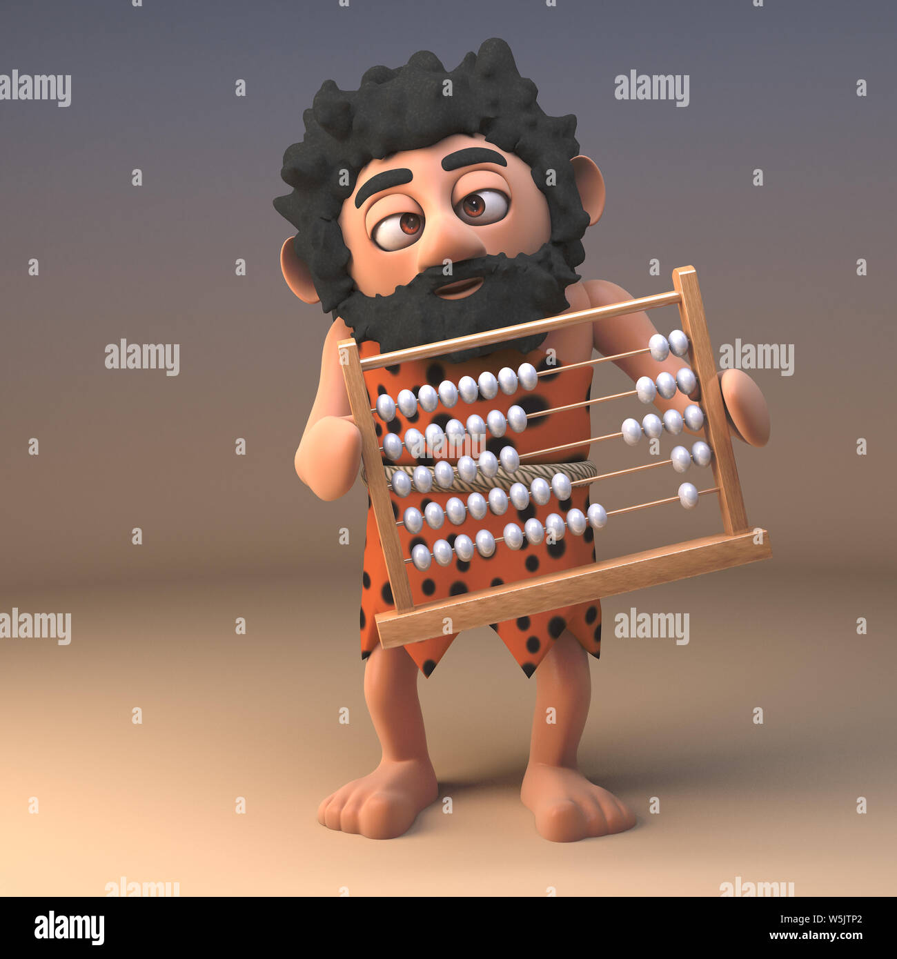 3d savage caveman in pelt holding prehistoric abacus, 3d illustration ...