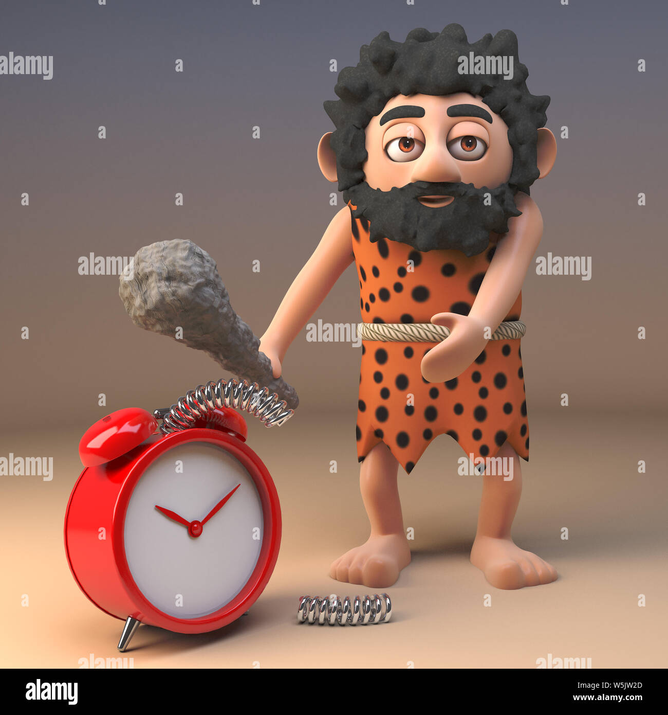 3d cartoon caveman smashing alarm clock with his club, 3d illustration ...