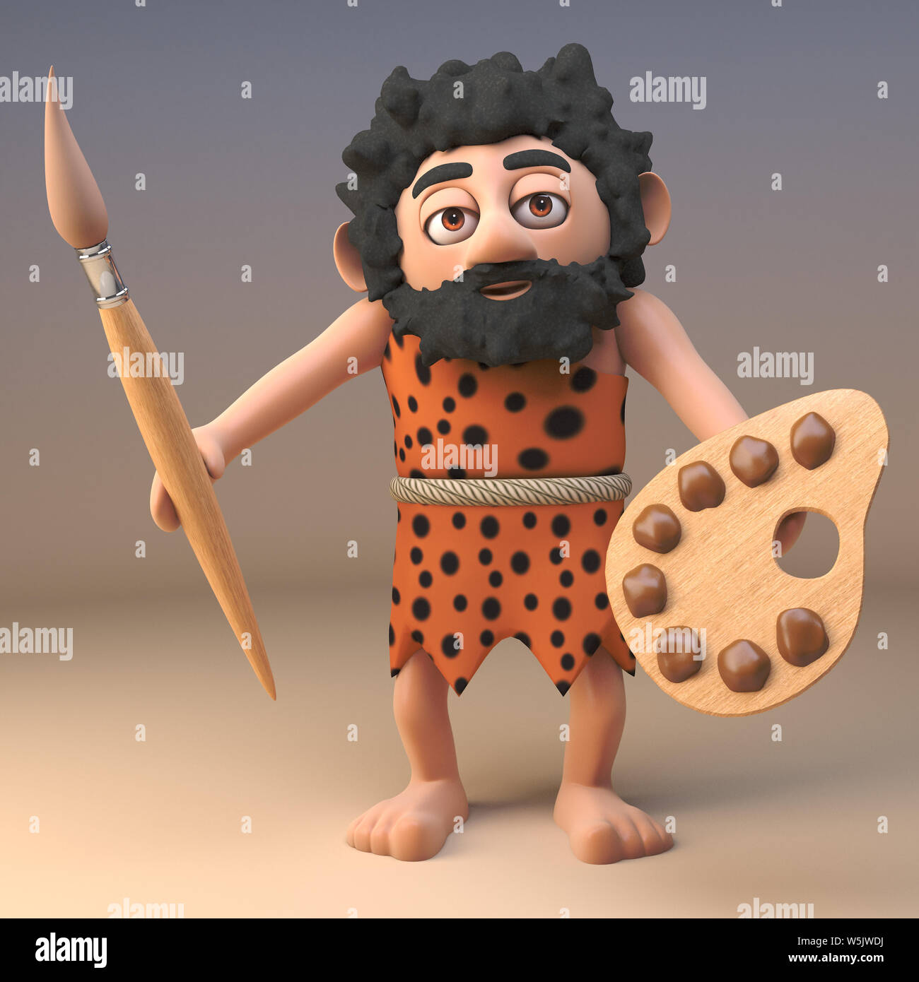 3d Artistic caveman with paintbrush and palette of earth tones, 3d ...