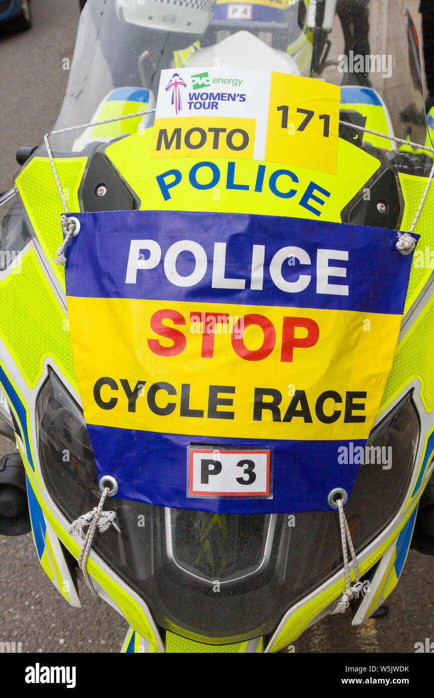 Police Stop Cycle Race signs on front of police motorbike for the OVO ...