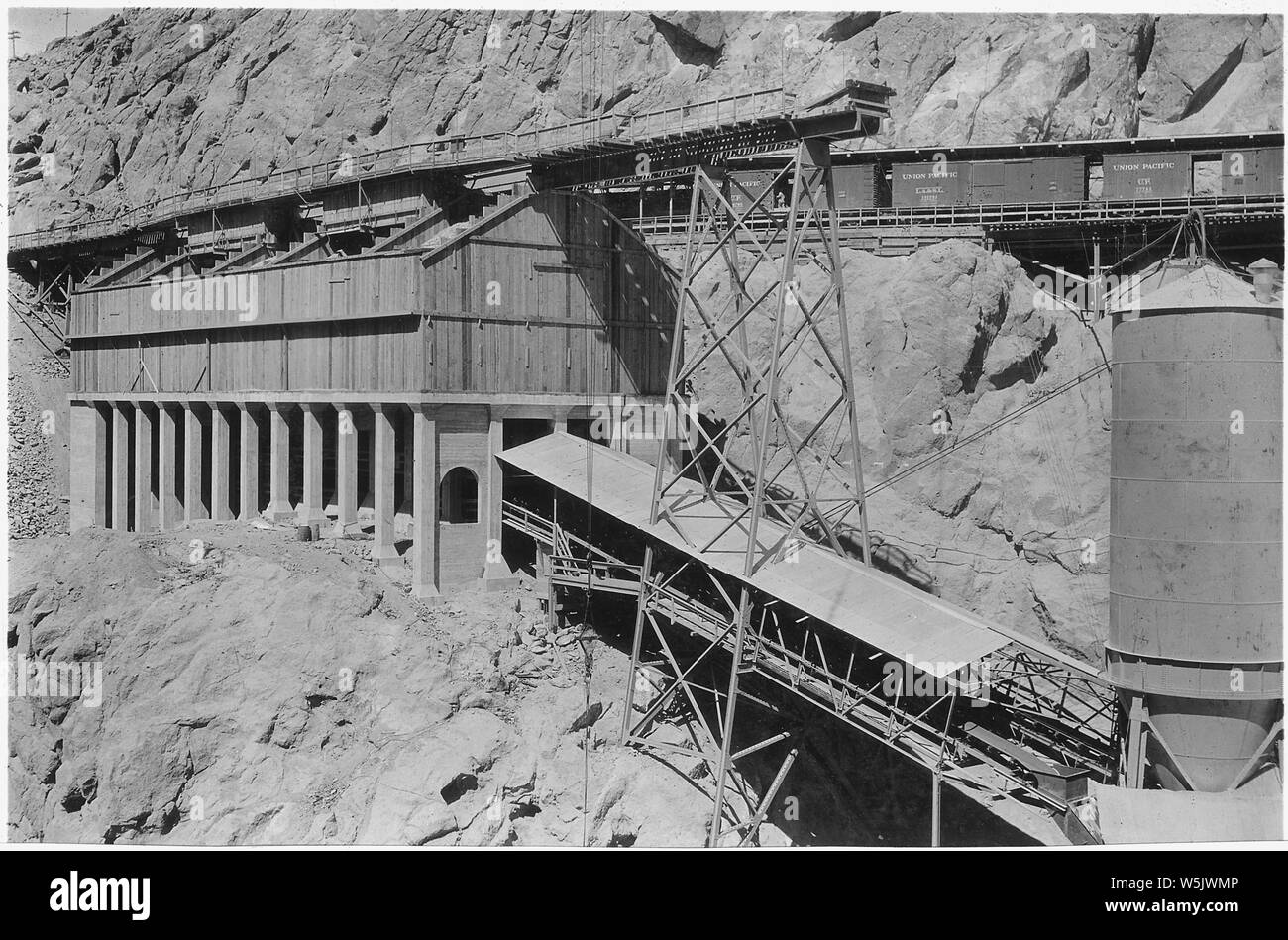 Aggregate storage at Six Companies' Inc., high level concrete mixing ...