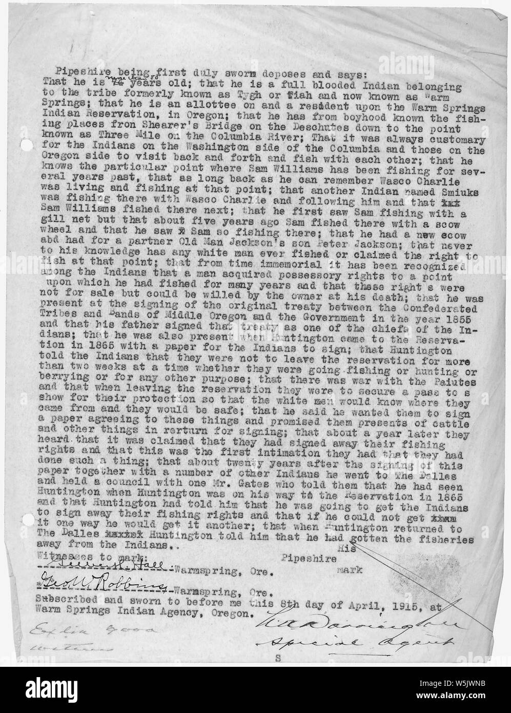 Affidavit of Pipeshire regarding the treaties of 1855 and 1865.; Scope ...
