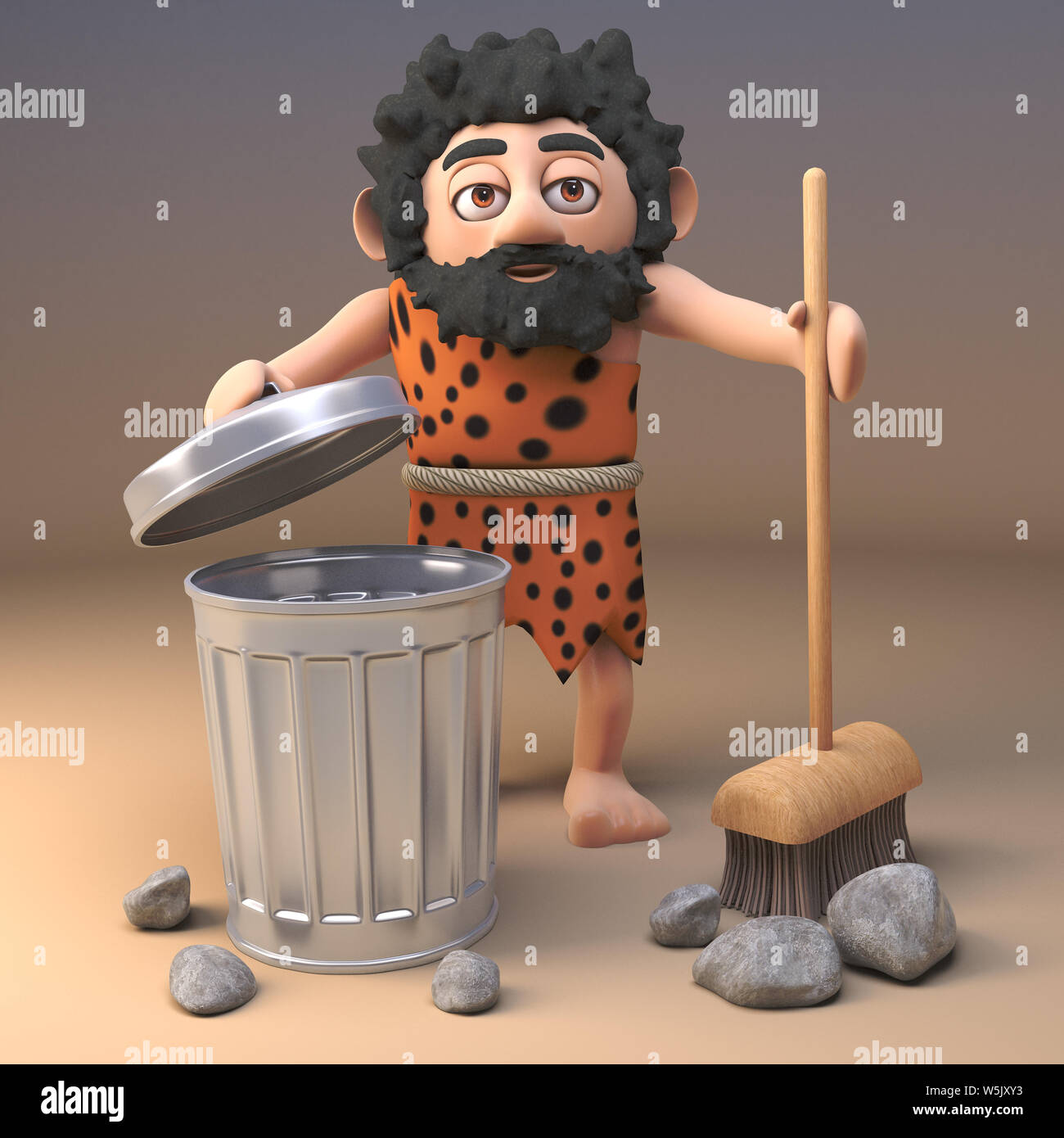 3d caveman sweeping up the rocks from last nights party with a broom ...