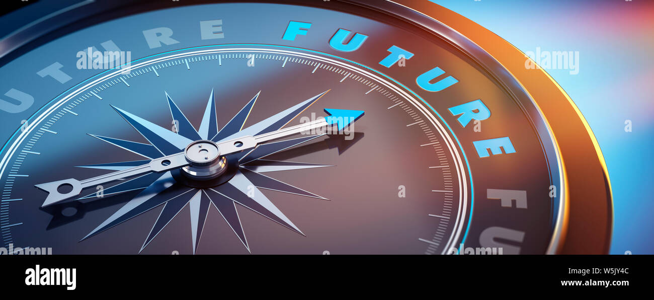 Dark compass with needle pointing to the word future - 3D illustration ...