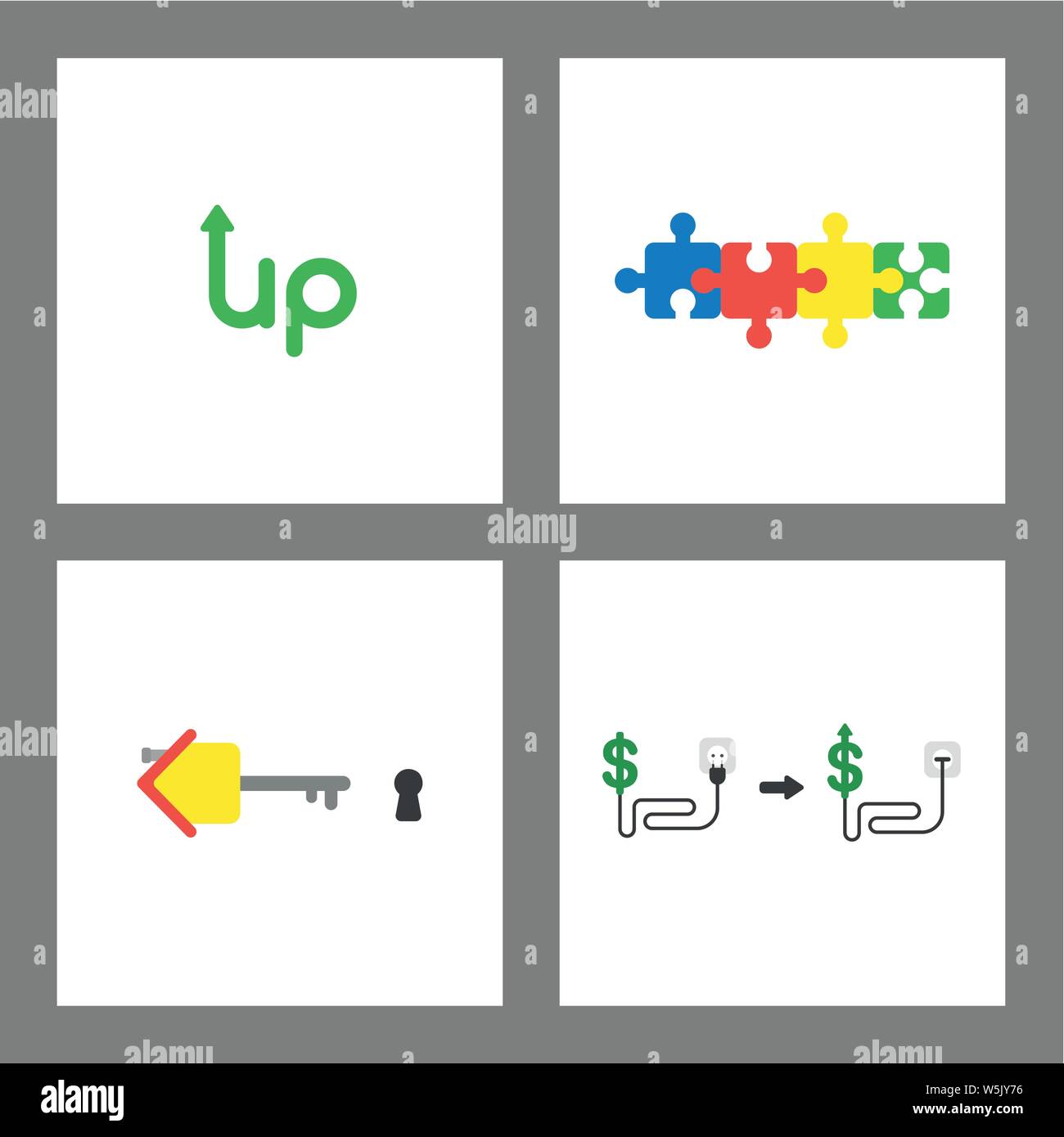 Vector icon concept set. Up word with arrow up, connected puzzle pieces ...