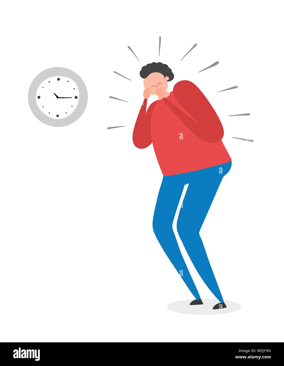 The man is looking at the clock and is very stressed, hand-drawn vector illustration. Colored ...