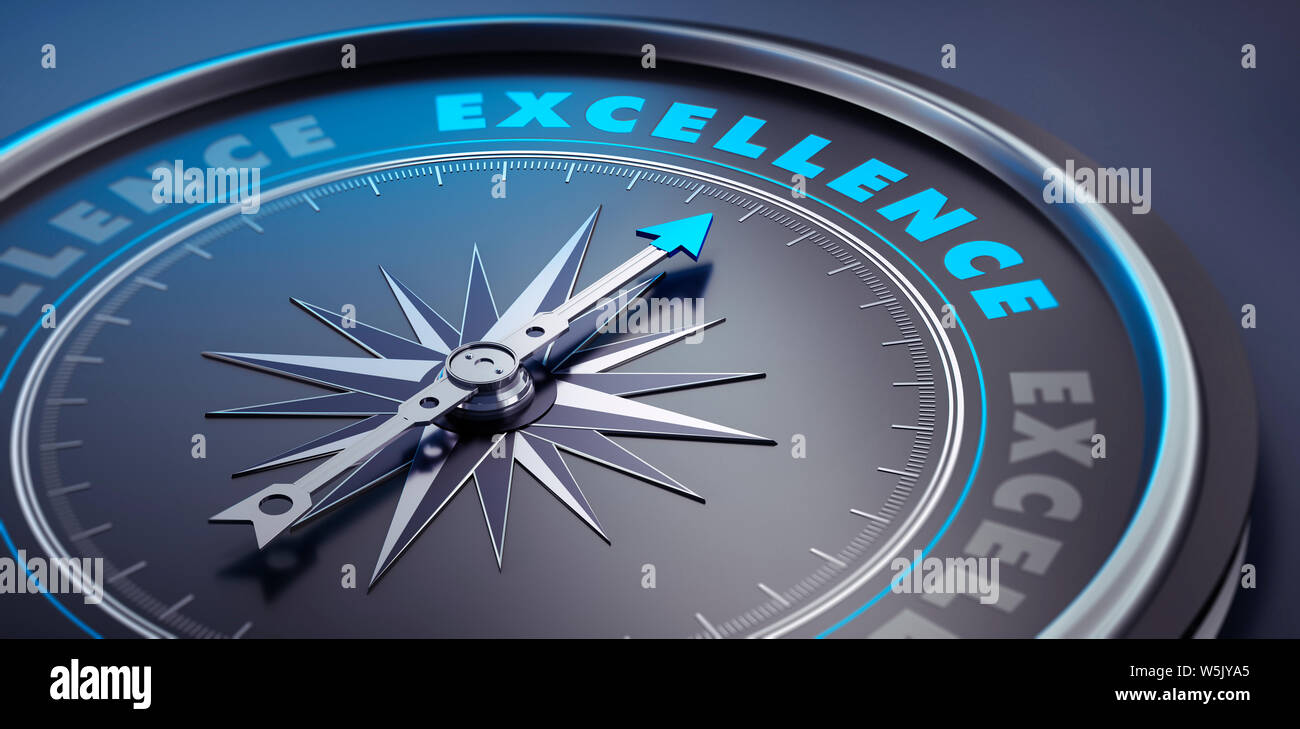 Dark compass with needle pointing to the word excellence - 3D ...