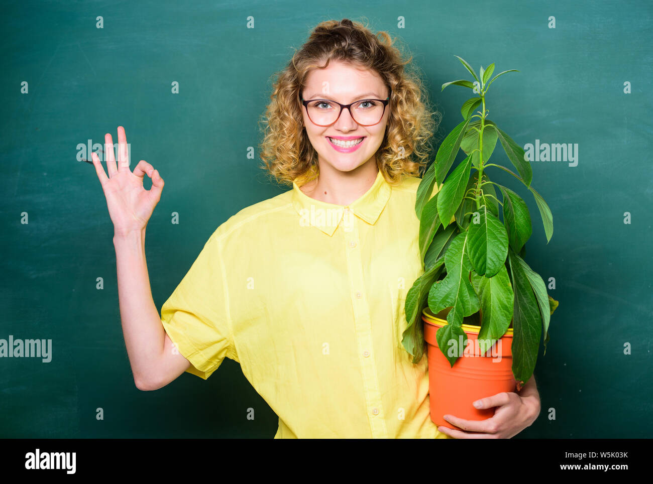Botany education. Greenery benefits. Botany and nerd concept. Woman ...