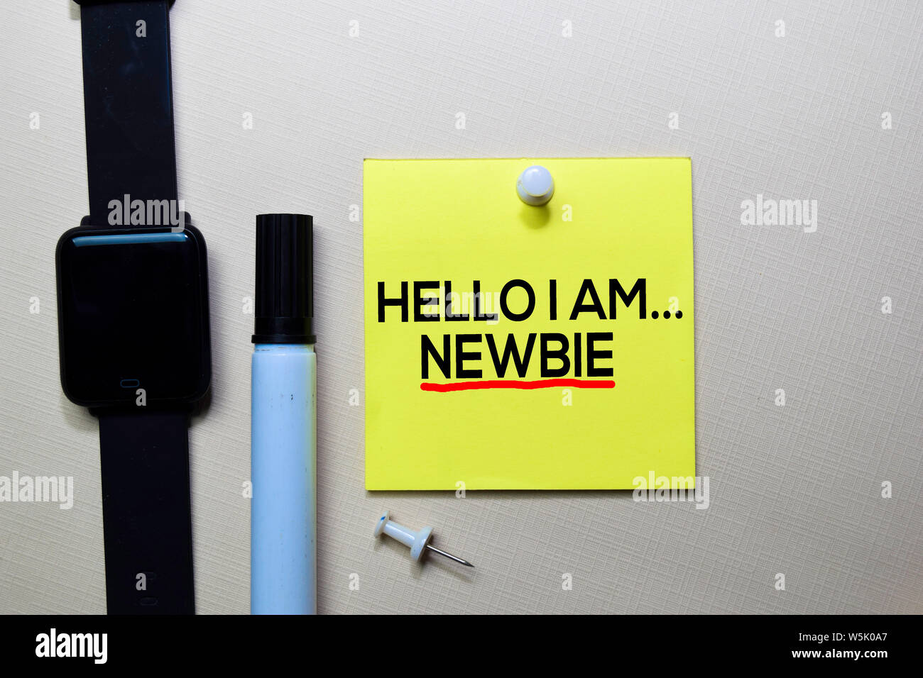 Hello I am Newbie text on sticky notes isolated on office desk Stock ...