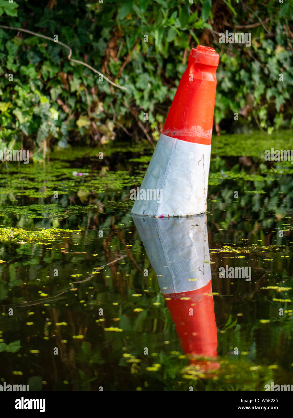 An orange traffic cone sitting in stagnant water Stock Photo - Alamy