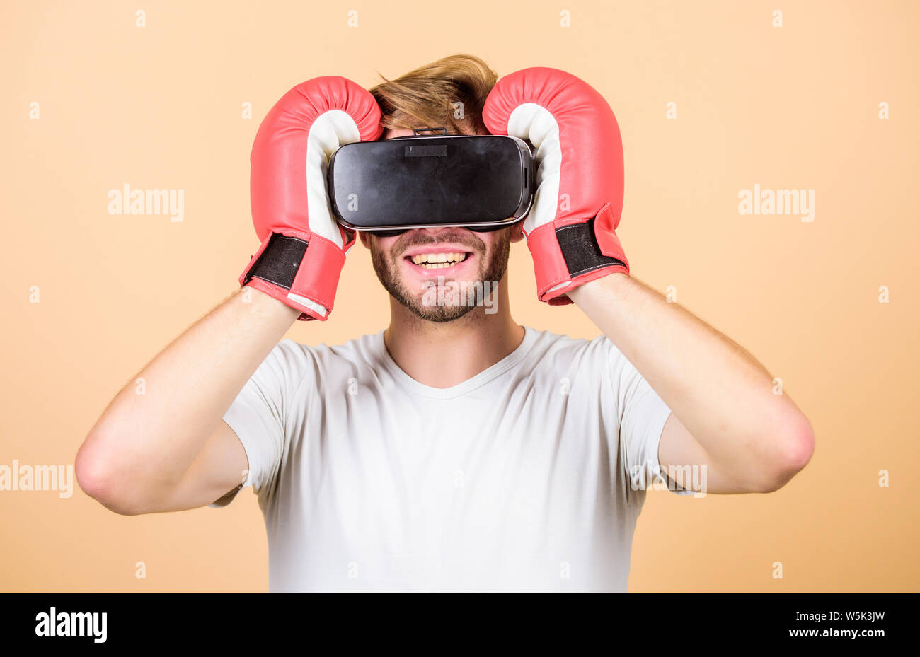Sport. man use new technology. vr boxing. future innovation. modern ...