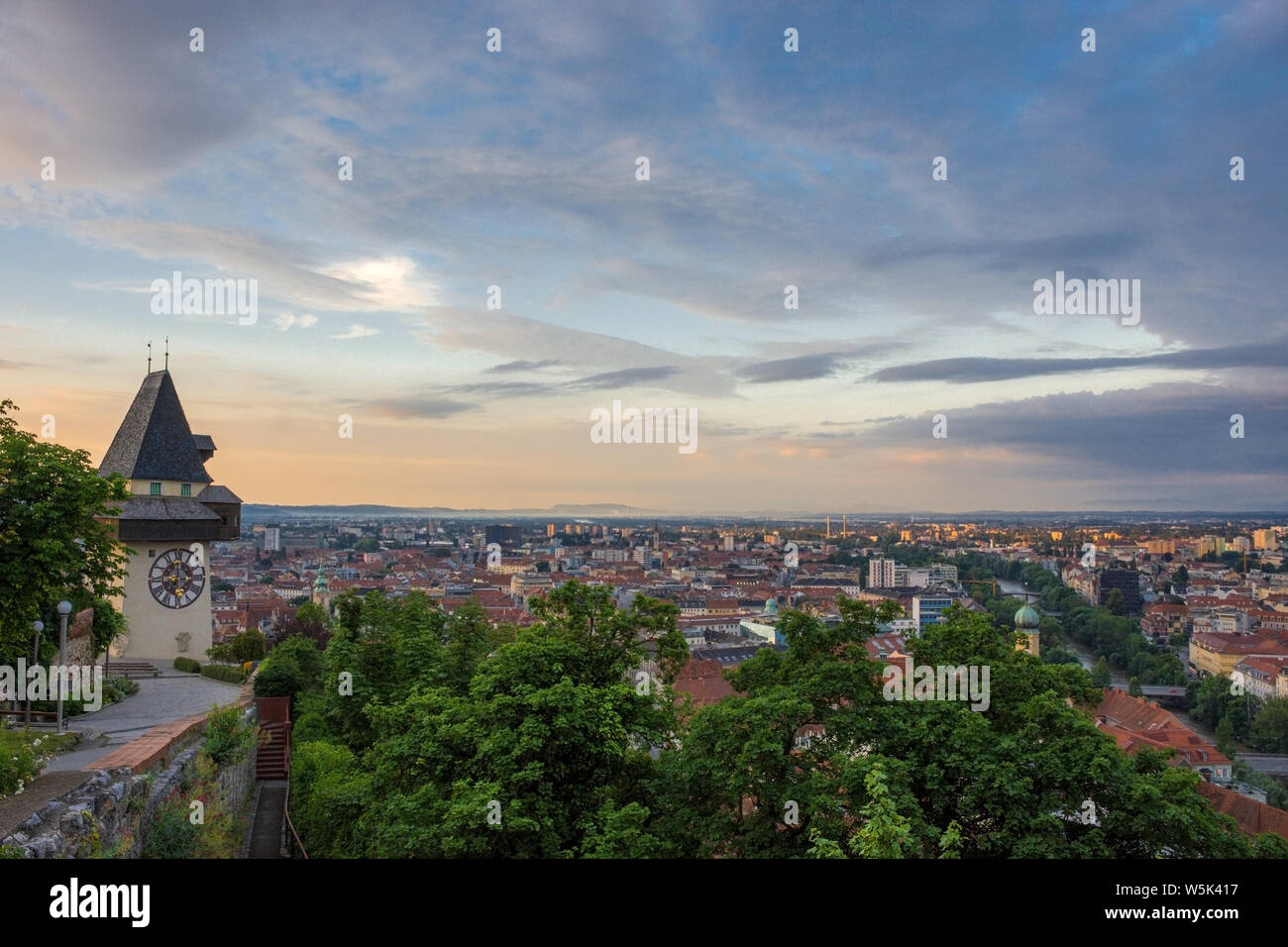 Cityscape of Graz and the famous clock tower (Grazer Uhrturm) on ...