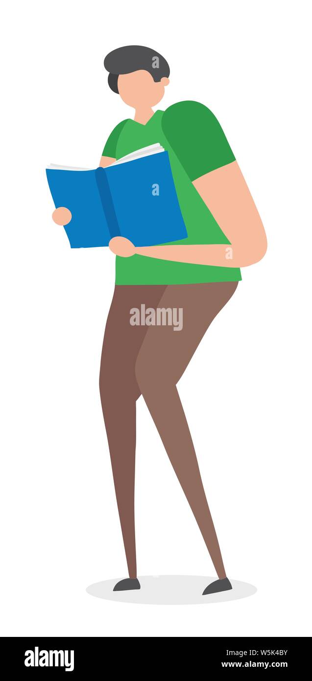 Man standing and reading book, hand-drawn vector illustration. Colored ...