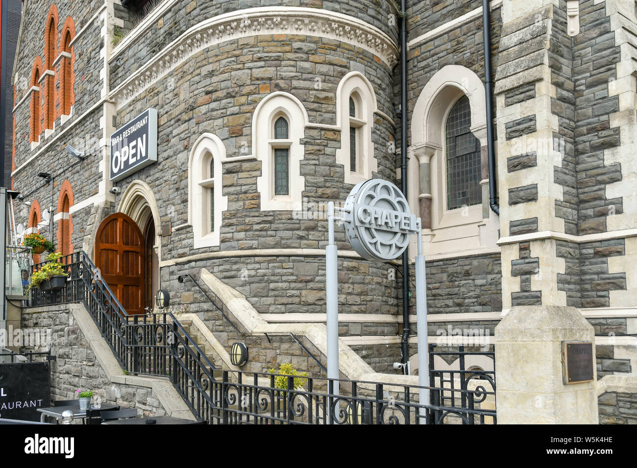 CARDIFF, WALES - JUNE 2019: Entrance to the Chapel 1877 fine dining ...