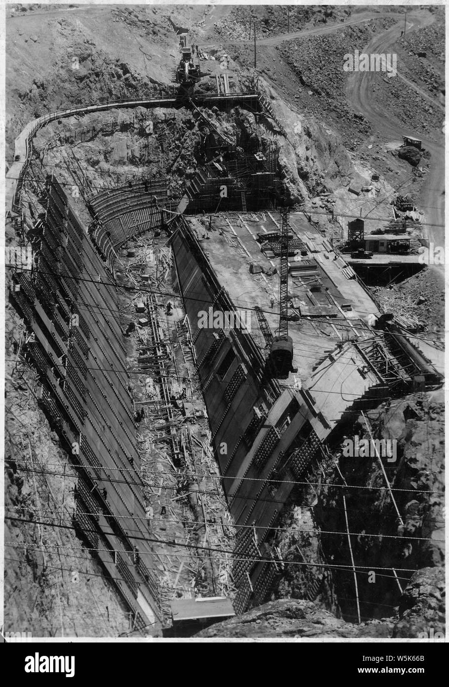 Boulder Dam, looking upstream through Nevada sillway. At left are seen ...