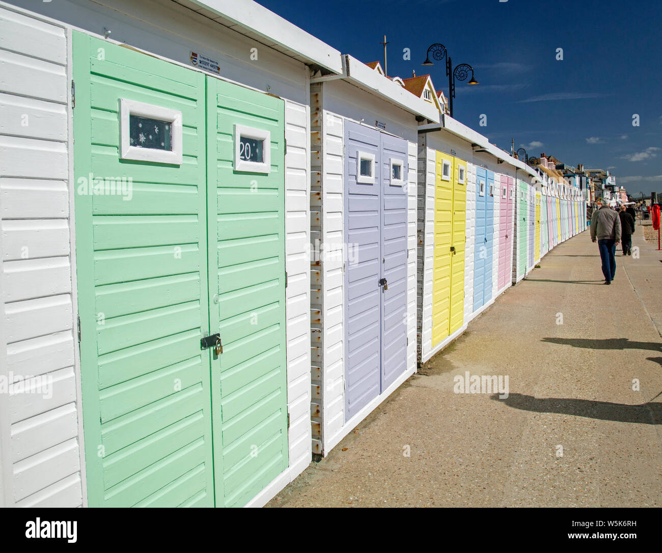 Lyme Regis, Dorset, England, Spring, 2019, Multi-coloured beach huts ...