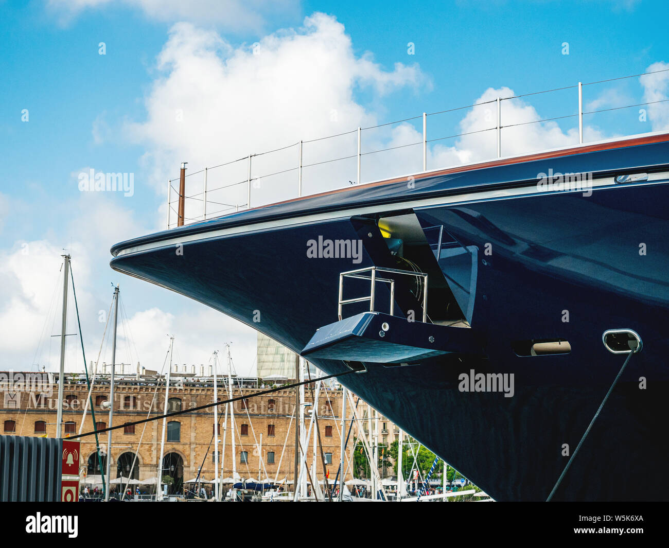 Front bow part of luxury yacht in Barcelona Yacht Port with Museu d ...