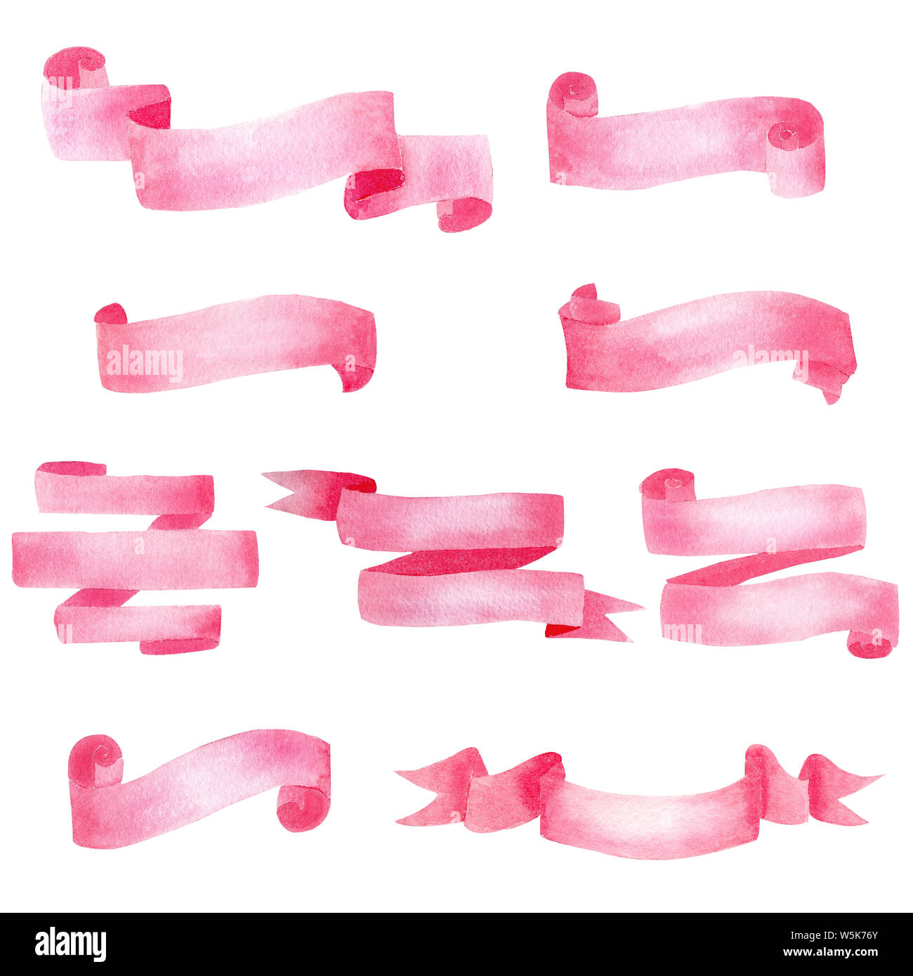 Decorative rose pink ribbon watercolor raster illustrations set ...