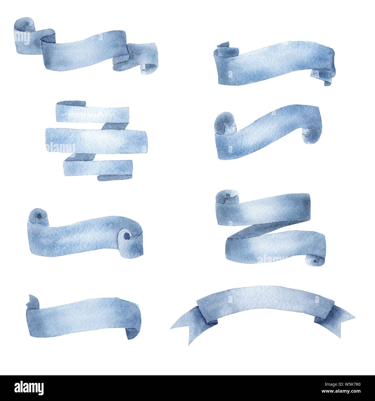 Decorative cyan blue ribbon watercolor raster illustrations set ...