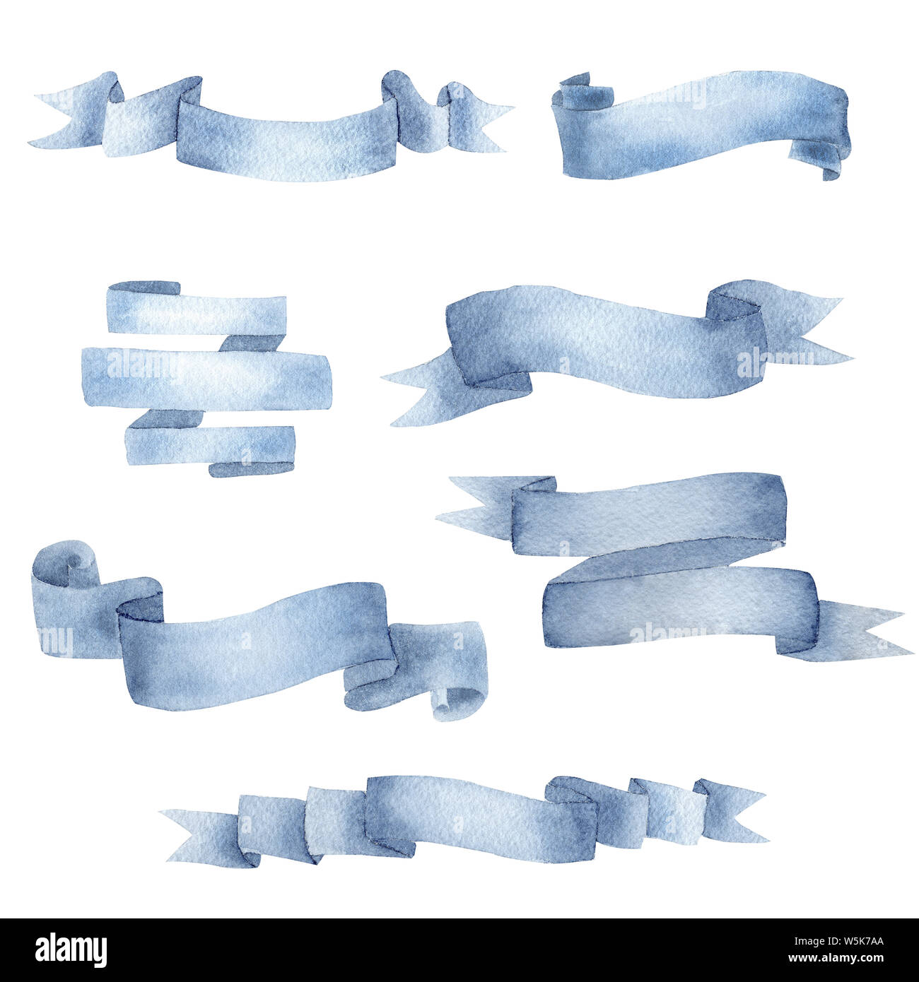 Creative cyan blue ribbon watercolor raster illustrations set ...