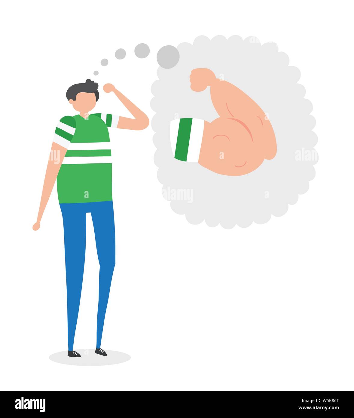 The weak man dreams of having muscular arms, hand-drawn vector ...