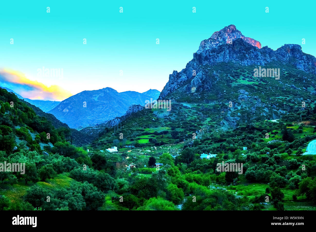 Beautiful sunset in a mountain valley along the road to Chefchaouen in ...