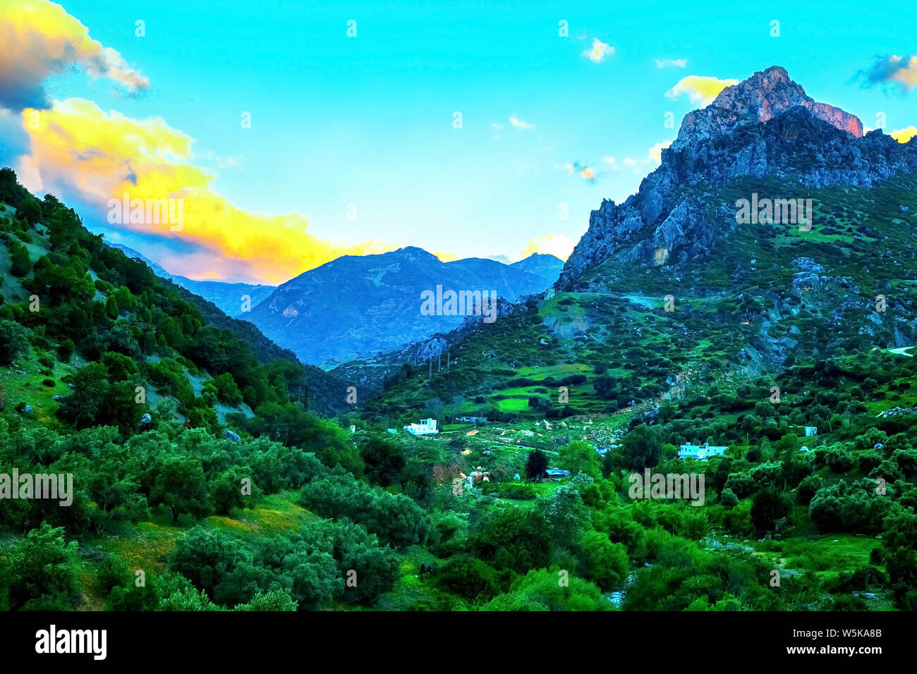 Beautiful sunset in a mountain valley along the road to Chefchaouen in ...