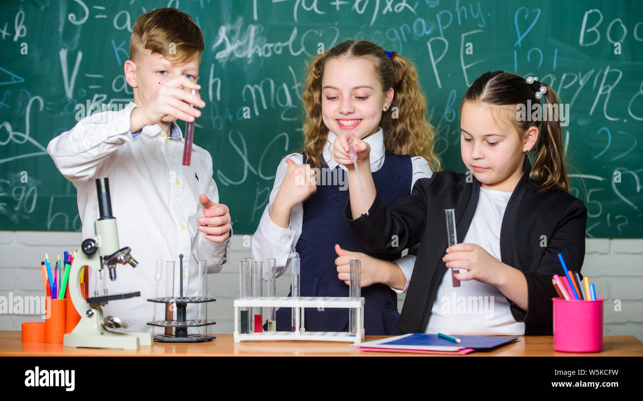 School laboratory. Group school pupils study chemical liquids. Girls ...