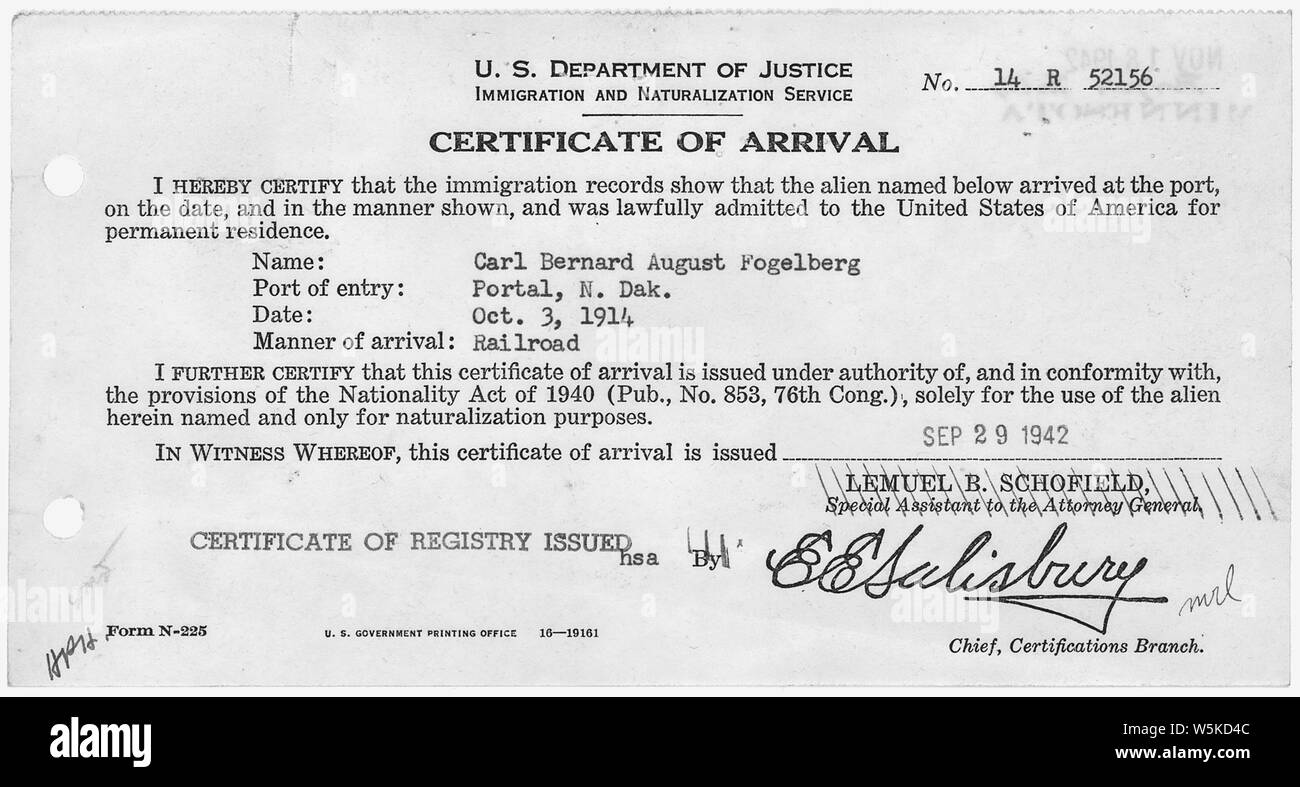 Certificate of Arrival for Carl Bernard August Fogelberg.; General ...