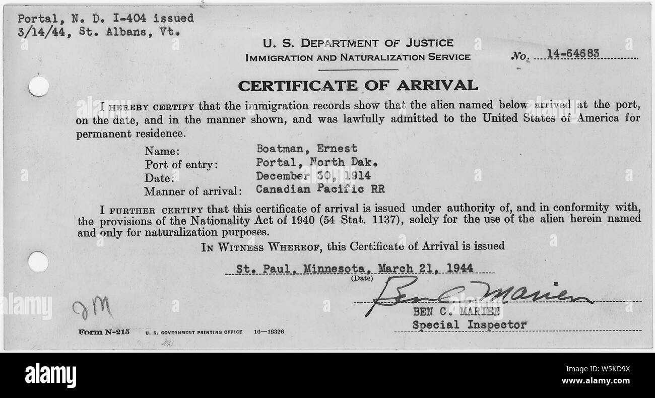 Certificate of Arrival for Ernest Boatman.; General notes: Name on ...