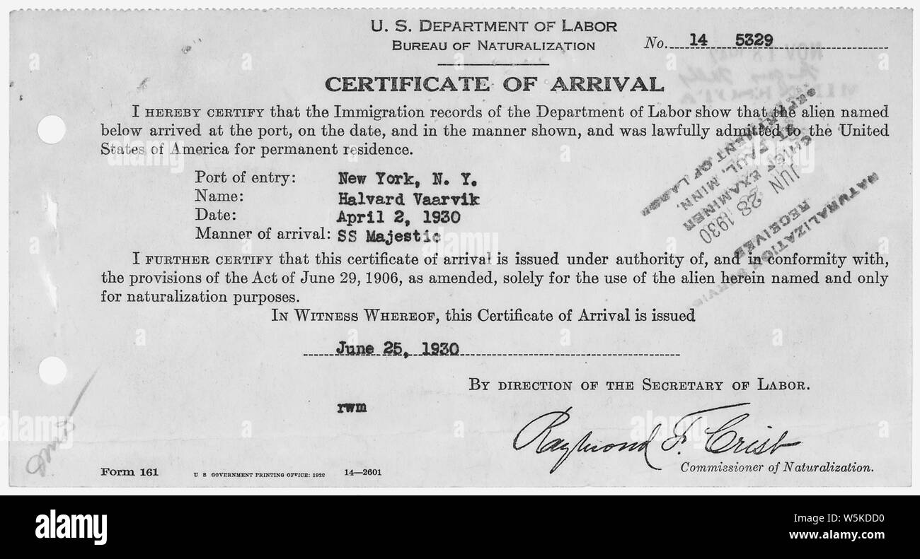Certificate of Arrival for Halvard Vaarvik.; General notes: Name on ...