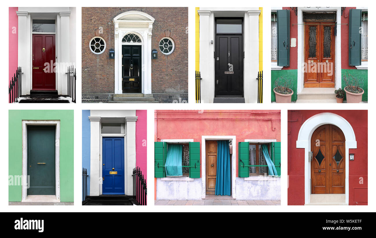 Old retro colorful residential houses closed front entrance doors Stock ...