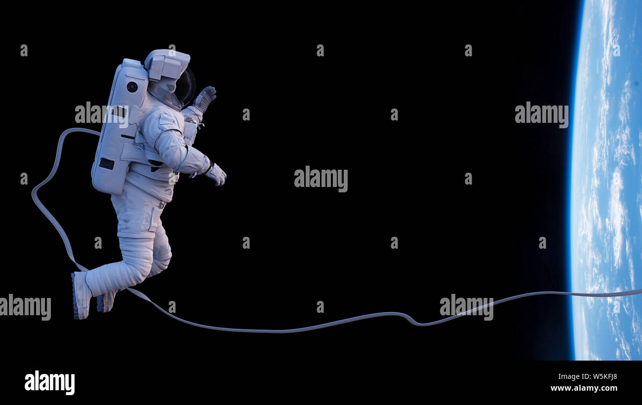 astronaut with safety tether performing a spacewalk in empty space ...