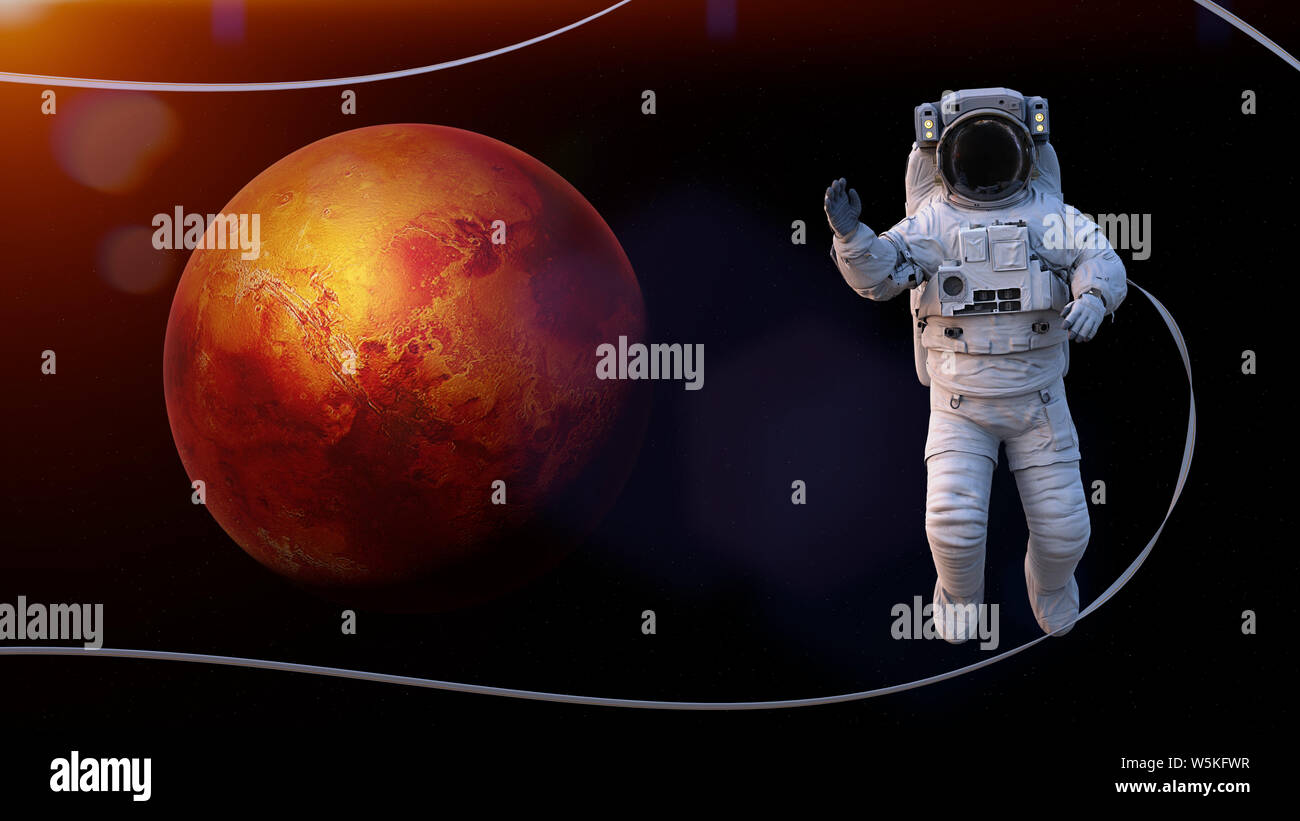 astronaut waving during a space walk in orbit of planet Mars Stock ...