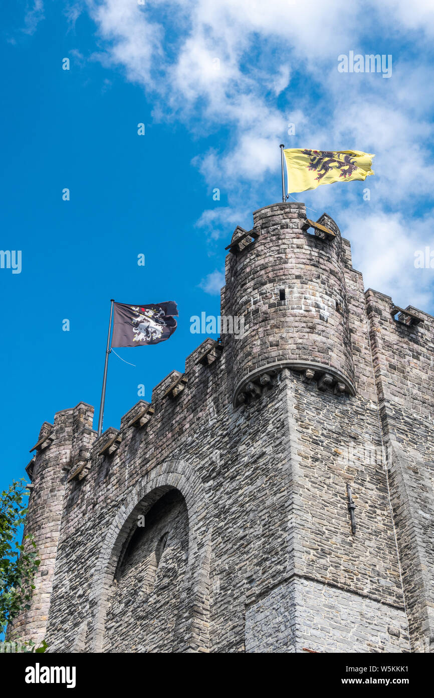Gent, Flanders, Belgium - June 21, 2019: Corner of Gray stone tower of ...