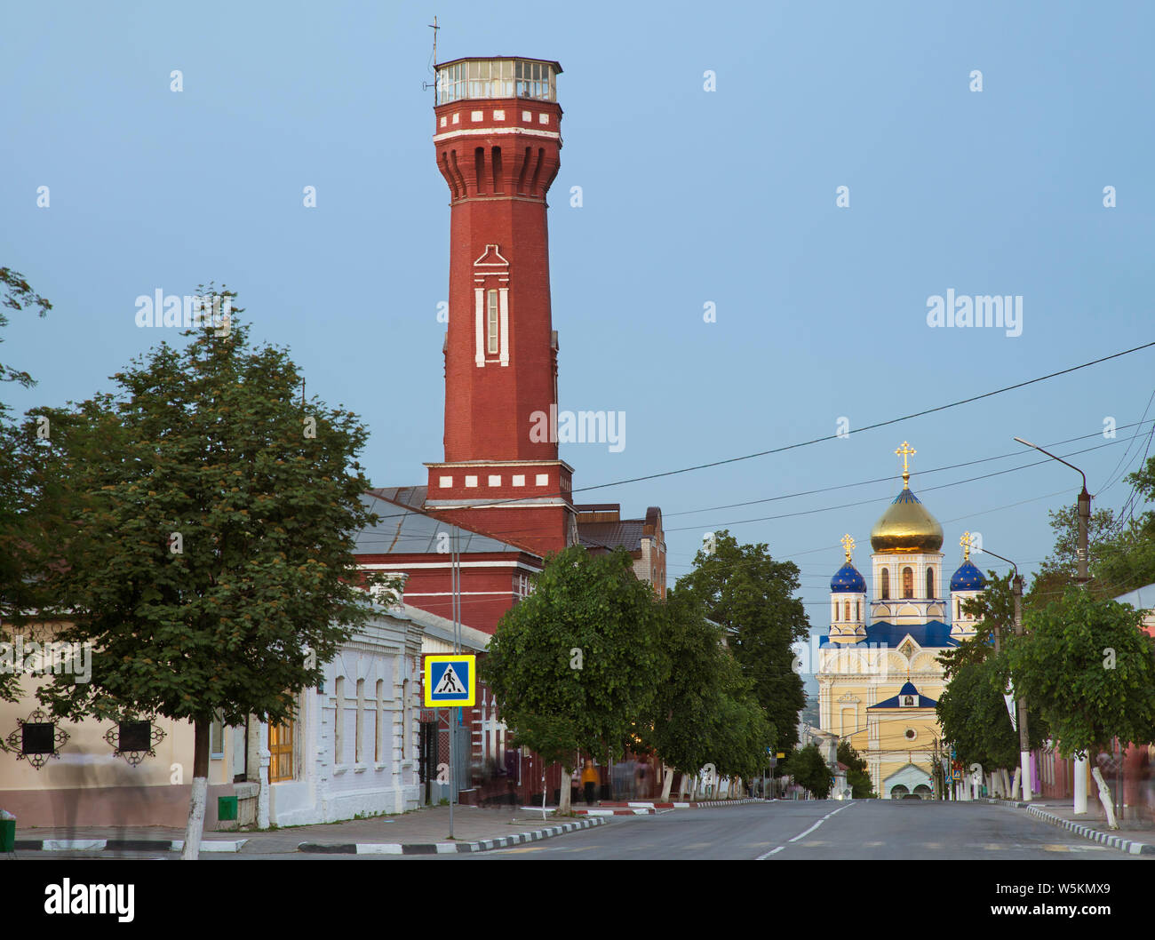 Former building of firehouse with tower and Ascension cathedral in ...