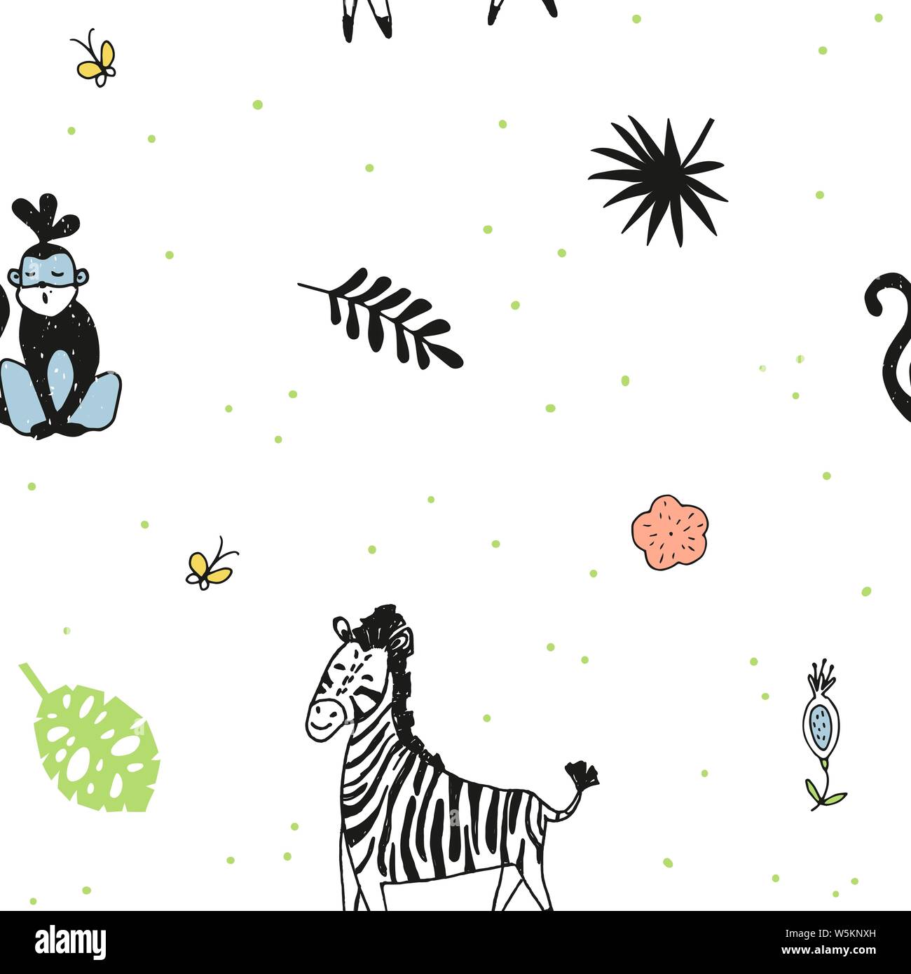 Cute safari animals childish pattern. Seamless vector background with ...